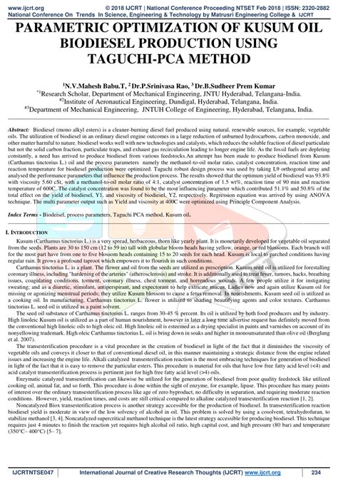 Pdf Parametric Optimization Of Kusum Oil Biodiesel Production Using Taguchi Pca Method