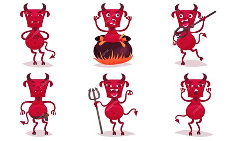 Premium Vector Set Of Red Bearded Devils With A Pitchfork A Gun In A