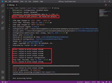 fusion help failed to write output stream when post processing from