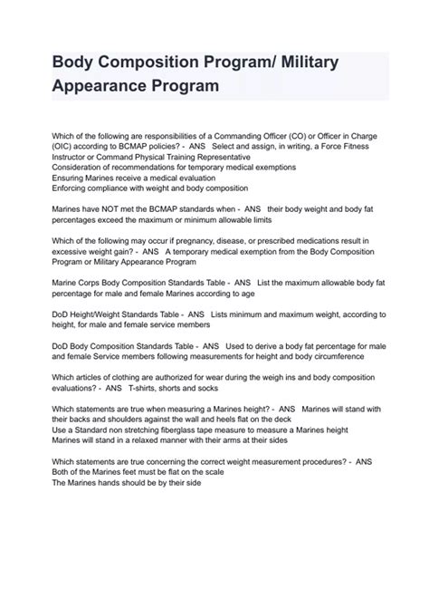 Body Composition Program Military Appearance Program Exam Questions