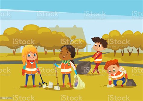 다민족 어린이 오렌지 조끼를 입고 쓰레기 재활용 플라스틱 병 및 재활용에 대 한 가비지 수집 하는 아이 들에 대 한 수집 합니다 보 빈에 쓰레기를 던졌습니다 유아 교육입니다