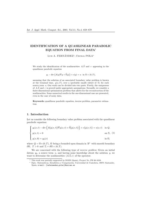 Pdf Identification Of A Quasilinear Parabolic Equation From Final Data