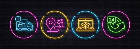 배달 여행 및 온라인 배달 최소 라인 아이콘 웹 응용 프로그램의 경우 인쇄 네온 레이저 3d 조명 벡터 0명에 대한 스톡 벡터