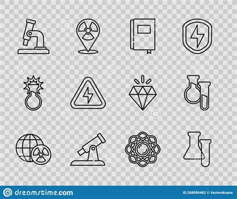 Set Line Planet Earth And Radiation Test Tube Flask Book Telescope Microscope High Voltage