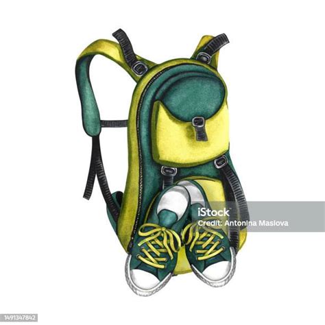 배낭과 운동화 관광 및 여행 흰색 배경에 격리합니다 수채화 손으로 그린 그림입니다 전단지 배너 및 엽서용으로 설계되었습니다 초대장 포스터 및 라벨용 관광에 대한 스톡 벡터