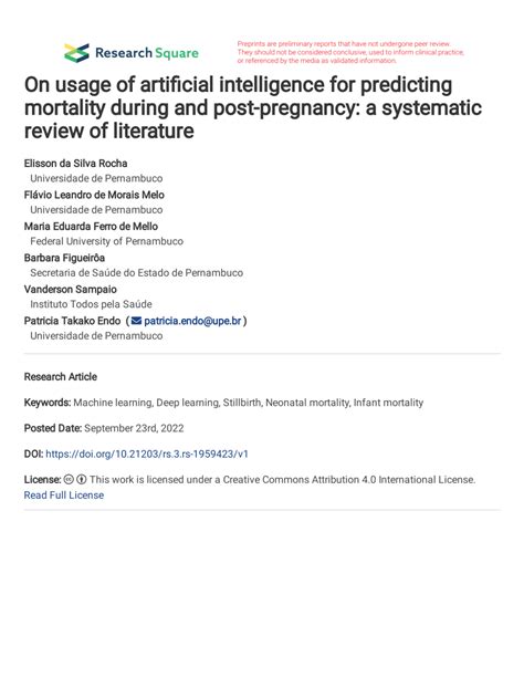 Pdf On Usage Of Artificial Intelligence For Predicting Mortality During And Post Pregnancy A