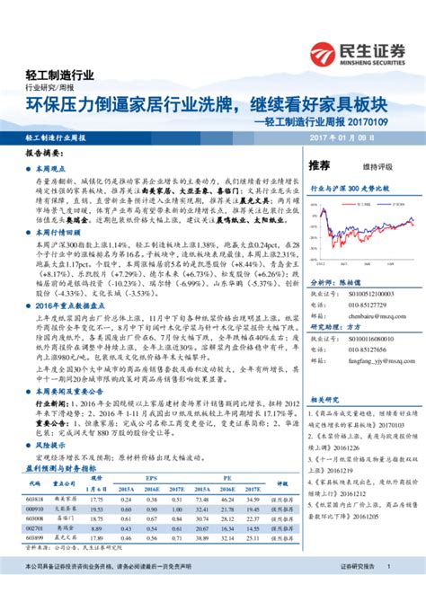 轻工制造行业周报：环保压力倒逼家居行业洗牌，继续看好家具板块