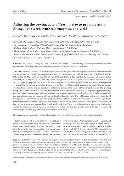 Pdf Adjusting The Sowing Date Of Fresh Maize To Promote Grain Filling Key Starch Synthesis
