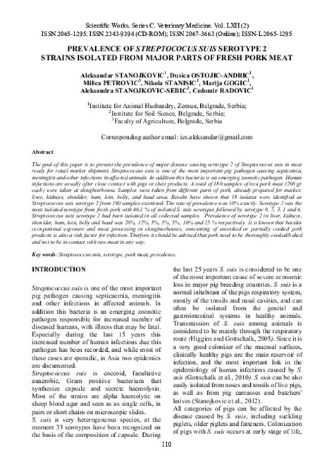 Pdf Prevalence Of Streptococus Suis Serotype 2 Strains Isolated From Major Parts Of Fresh Pork