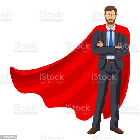 빨간 망토 남성 영웅 실업가 슈퍼 히어로의 슈퍼 히어로 남자 넥타이와 안경을 착용한 비즈니스 슈트를 입은 수염난 남자 성공 개념 벡터 10eps 개념에 대한 스톡 벡터 아트