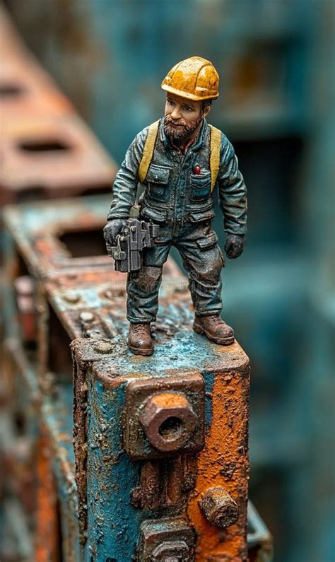Miniature Figure Stands Atop Industrial Structure In An Urban Setting