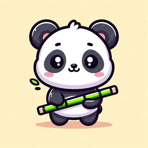 Chibi Kawaii Cute Cartoon Drawing Of A Panda Holding A Bamboo Stick