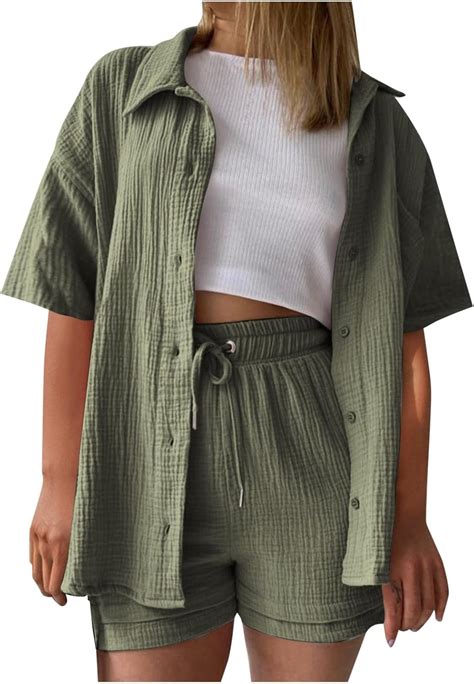Summer Zweiteiler Damen Musselin Bluse Set Elegant Leinen Bluse Hemd Und Shorts Einfarbig