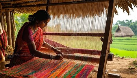 Traditional Indian Weaver Crafting On Handloom In Village Settingries