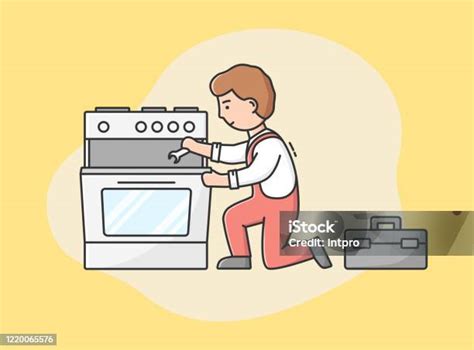 마스터 콜 어플라이언스 서비스의 개념 전문 노동자 수리공가스 스토브 오븐을 수정합니다 캐릭터는 집에서 도구로 깨진 가전 제품을 수리합니다 만화 선형 윤곽선 평면 벡터