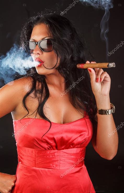 Woman In Red Dress Smoking Cigar Stock Photo By Fxquadro