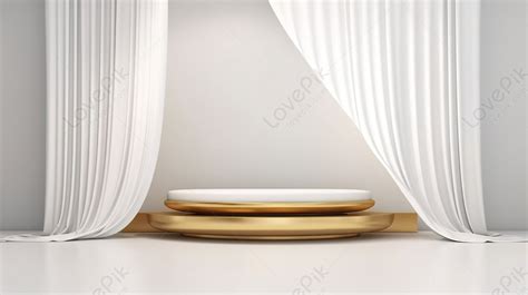 제품 프리젠테이션 배경에 완벽한 금색 곡선과 무대 연단을 갖춘 깨끗한 흰색 커튼월 배경의 놀라운 3d 렌더링입니다 흰색 베개 디스플레이가 포함되어 있습니다 연단 배경