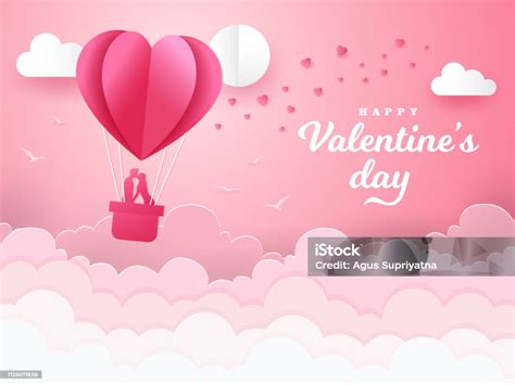 로맨틱 커플 키스 하 고는 공기 풍선 바구니 안으로 서 발렌타인 배경 종이 잘라 스타일 벡터 일러스트 레이 션 개념에 대한 스톡 벡터 아트 및 기타 이미지 Istock