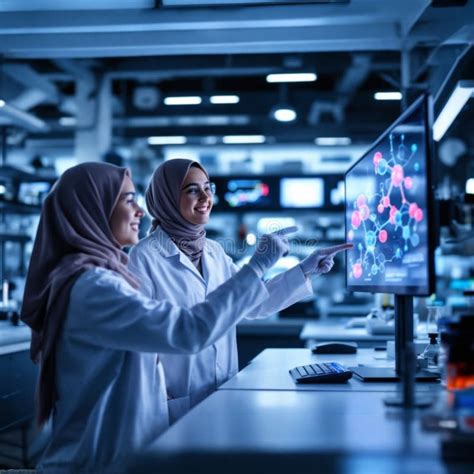 Medical Researchers Analyzing Molecule Structure On Computer Screen In