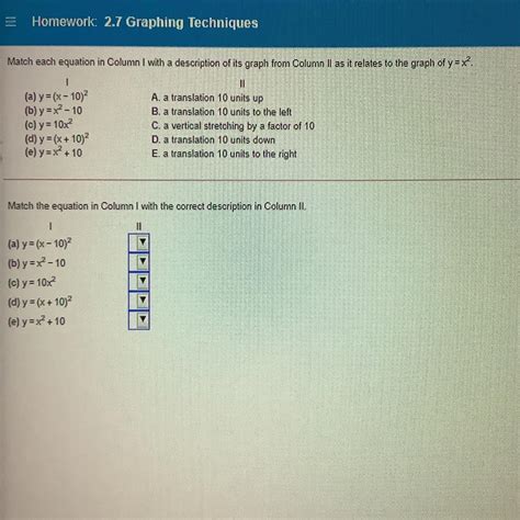 Match The Equation In Column I With The Correct Description In Column Ii