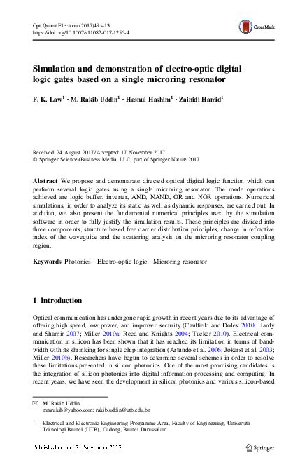 Pdf Simulation And Demonstration Of Electro Optic Digital Logic Gates
