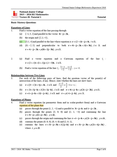 Vectors Ii Tutorial 1 Qns Pdf Line Geometry Equations