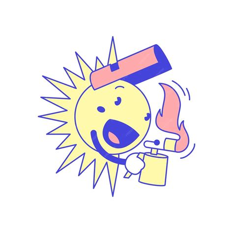 귀여운 태양 가스 불타는 열 따뜻한 여름 날씨 만화 캐릭터 복고풍 30 대 애니메이션 스타일 아이콘 벡터 평면 그림 명랑 화창한 만화 마스코트 화염 버너 일광욕 고온