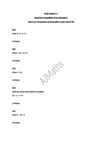 Gcse Maths 9 1 Exam Questions On Quadratic Inequalities Teaching
