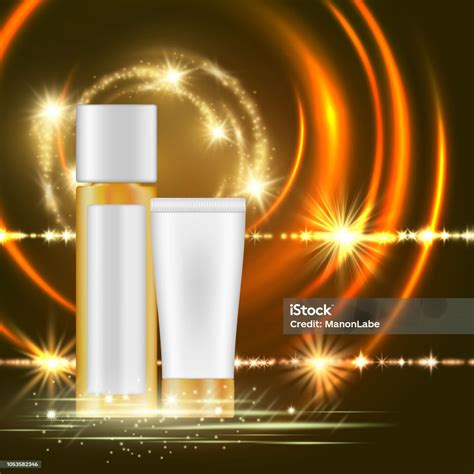 세럼 에센스 한 병 고 튜브 디자인 벡터 피부 또는 머리카락 케어 화장품 추출 물 보습 크림 안티 에이징 제품 귀중 한 얼굴 기름 고급 스러운 마스크와 플레어 황금 빛나는