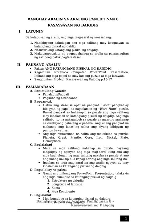 Banghay Aralin Sa Araling Panlipunan 8 Kasaysayan Ng Daigdig Banghay