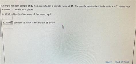 solved a simple random sample of 20 items resulted in a
