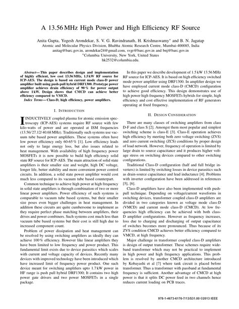 Pdf A 13 56 Mhz High Power And High Efficiency Rf Source