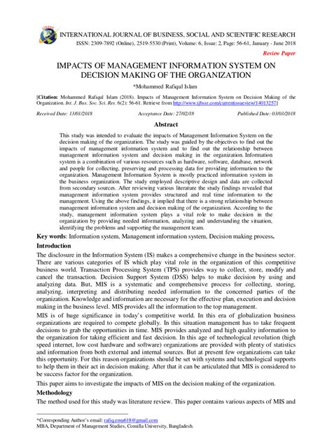 Pdf Impacts Of Management Information System On Decision Making Of The Organization