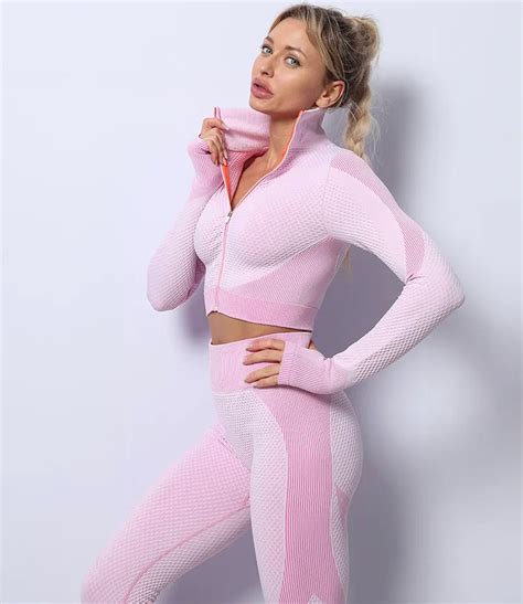 Womens 2 Piece Light Pink Tracksuit Workout Set Crop Top And High