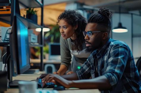 Premium Photo Multiracial Female And Male Hackers Discussing Over Computer At Desk In Start Up