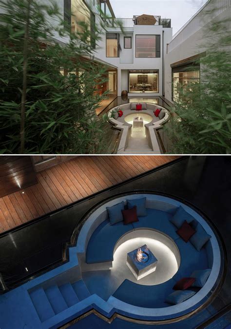 A Sunken Conversation Pit Surrounded By Water Is A Remarkable Feature In This House