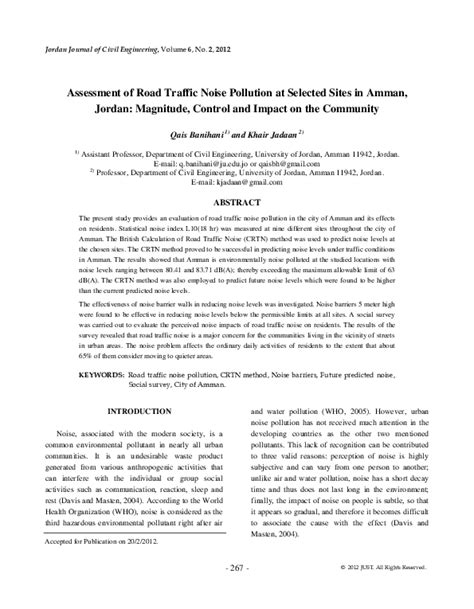 Pdf Assessment Of Road Traffic Noise Pollution At Selected Sites In Amman Jordan Magnitude