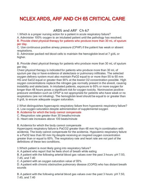 Nclex Ards Arf And Ch 65 Critical Care Questions And Answers Scholarfriends
