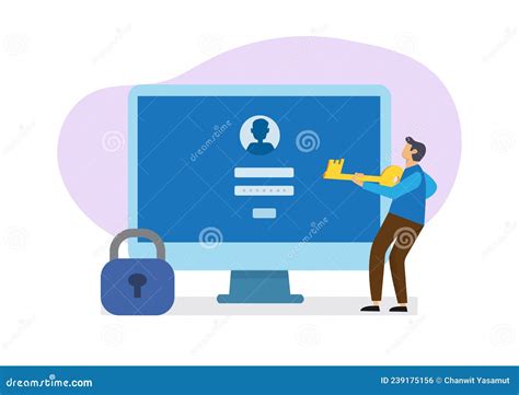 Man With Keys Near Computer And Login Account And Password Male Character Design Concept For