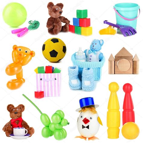 Collage de juguetes de los niños aislados en blanco Foto de stock