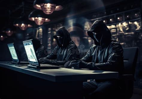 Hacker In Black Hoodie Working On Laptop In The Dark Room Dangerous Hooded Hacker Breaks Into