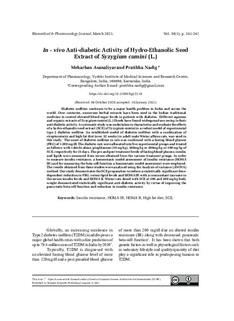 Pdf In Vivo Anti Diabetic Activity Of Hydro Ethanolic Seed Extract Of Syzygium Cumini L