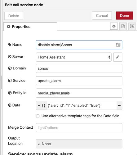 Disable A Alarm On Sonos Using And Node Red Not Working Node Red Home Assistant