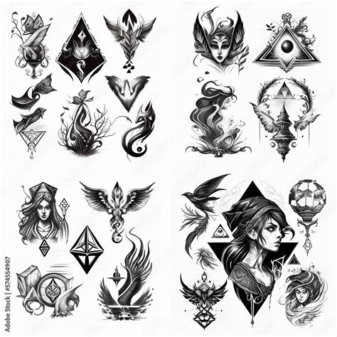 Beautiful Mystic Symbols Tattoo Illustration Black And White Set Vector Illustration Stock