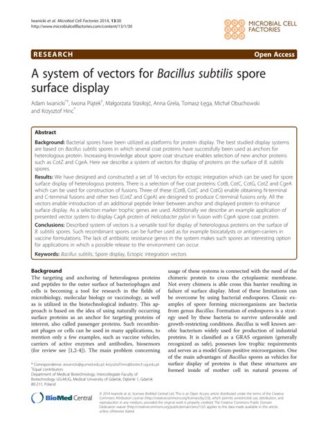 Pdf A System Of Vectors For Bacillus Subtilis Spore Surface Display