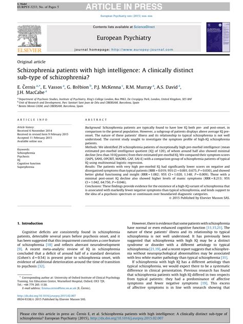 Pdf Schizophrenia Patients With High Intelligence A Clinically Distinct Sub Type Of