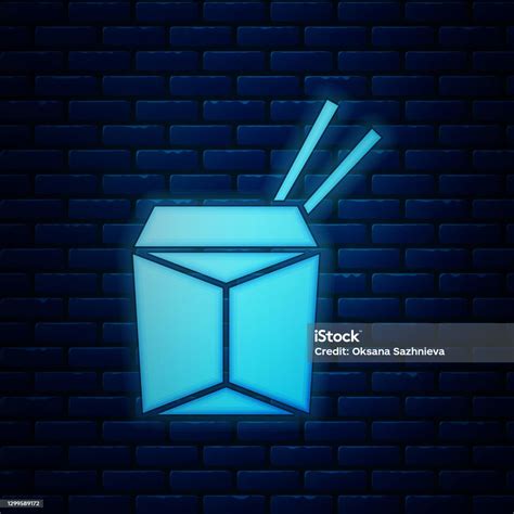 벽돌 벽 배경에 고립 된 종이 상자와 젓가락 아이콘에 빛나는 네온 아시아 국수 길거리 패스트푸드 한국어 일본어 중국 음식 벡터 0명에 대한 스톡 벡터 아트 및 기타 이미지