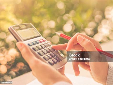 소프트 포커스 여자 손으로 계산기 사용과 빨간 연필 그리고 자연 녹색 잎 배경 작업 테이블에 주 책을 들고 개념에 대한 스톡 사진 및 기타 이미지 Istock