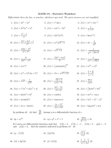 Derivative Worksheet Pdf