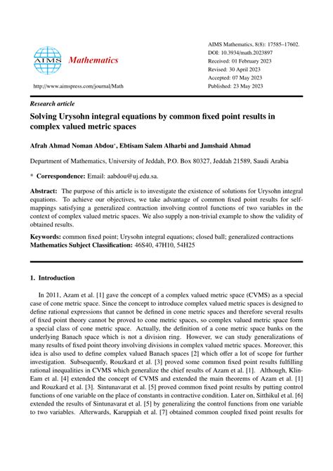 Pdf Solving Urysohn Integral Equations By Common Fixed Point Results In Complex Valued Metric